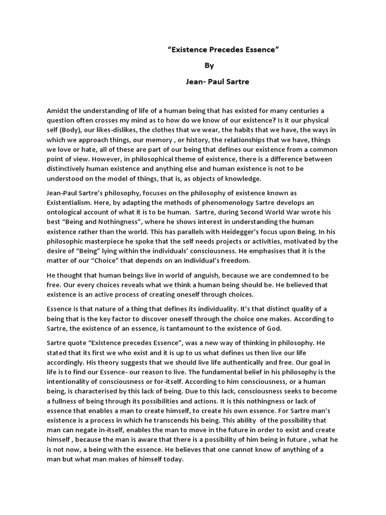 Sartre's Existential Philosophy of 'Existence Precedes Essence | PDF ...