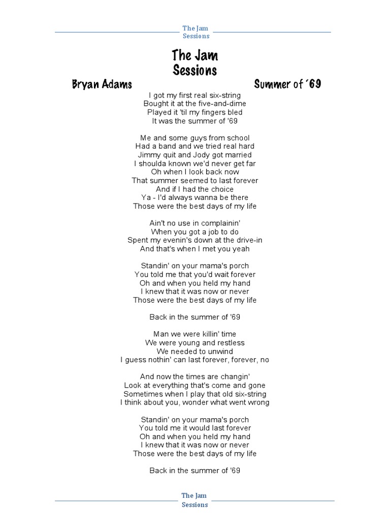The Jam Sessions: Bryan Adams Summer of 69 | PDF