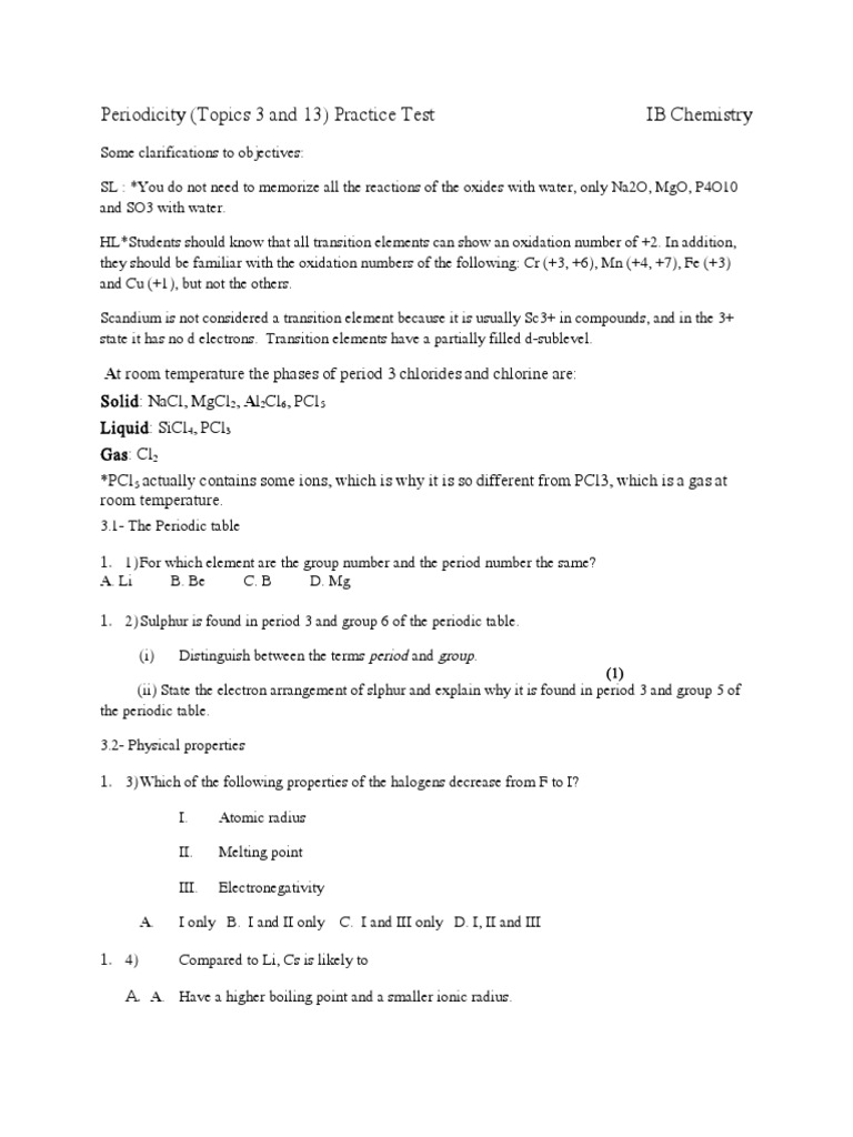 Periodicity Practice Test | PDF | Ionic Bonding | Transition Metals