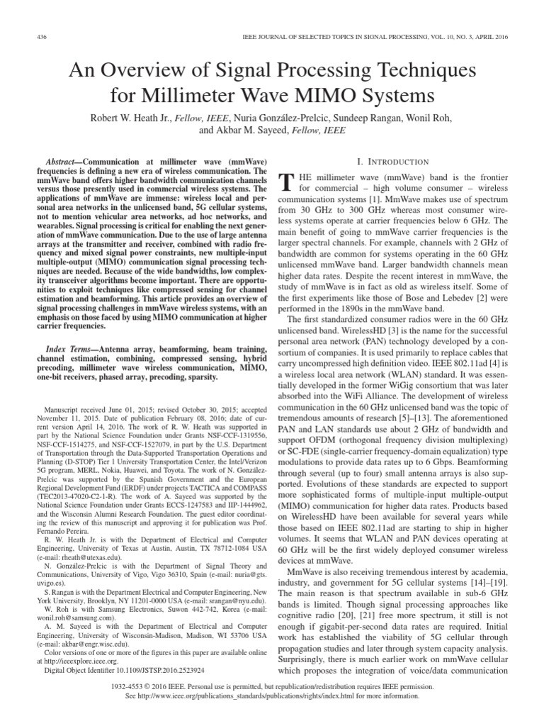An Overview of Signal Processing Techniques For Millimeter Wave MIMO ...