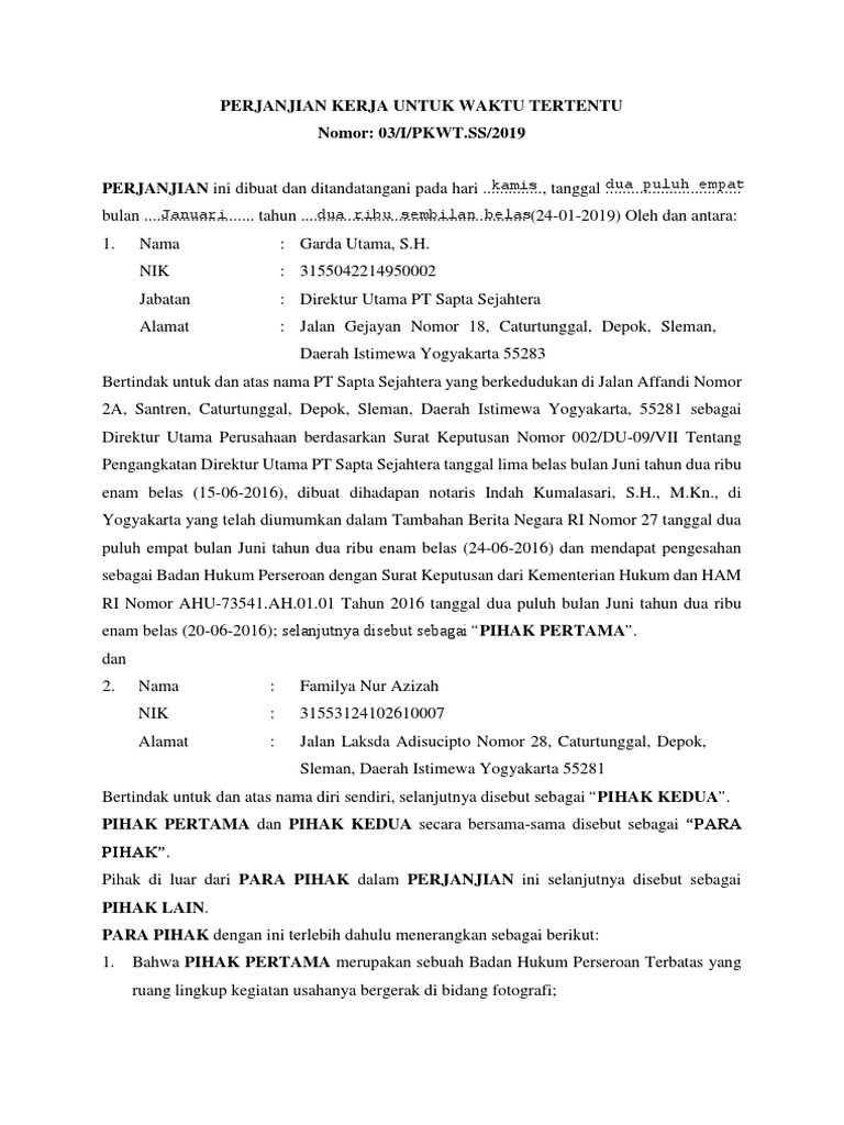 Draft Contract PKWT | PDF