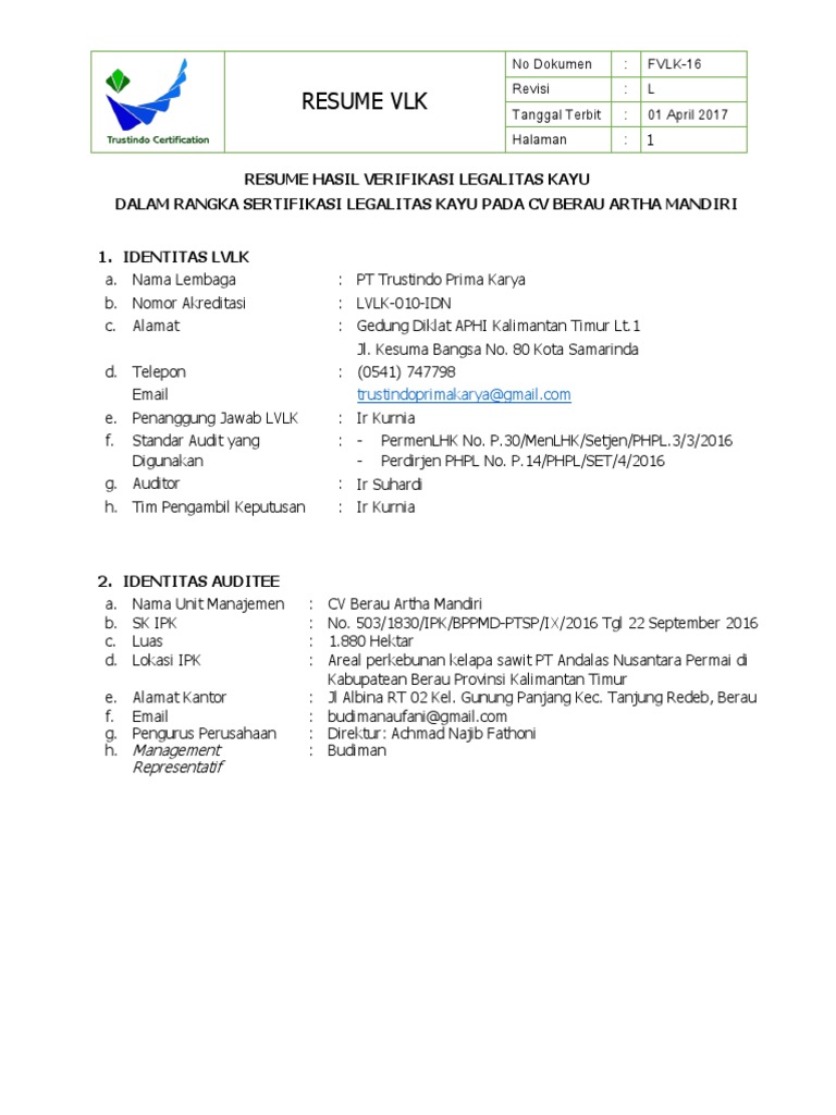 Resume Hasil Sertifikasi IPK PT Berau Artha Mandiri | PDF