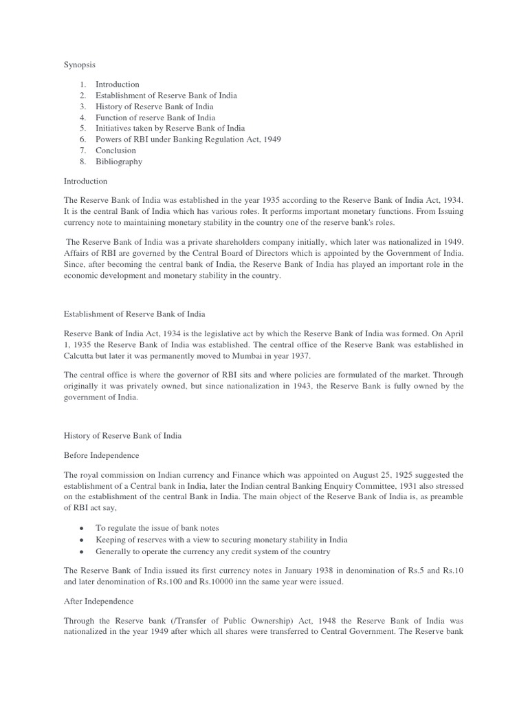 Role of RBI Under Banking Regulation Act, 1949 | PDF | Reserve Bank Of ...