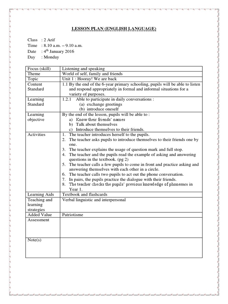 Year 2 Week 1 RPH 2016 | PDF | Lesson Plan | Teachers