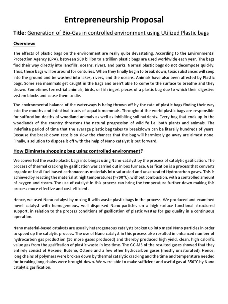 Entrepreneurship Proposal: Title: Generation of Bio-Gas in Controlled ...