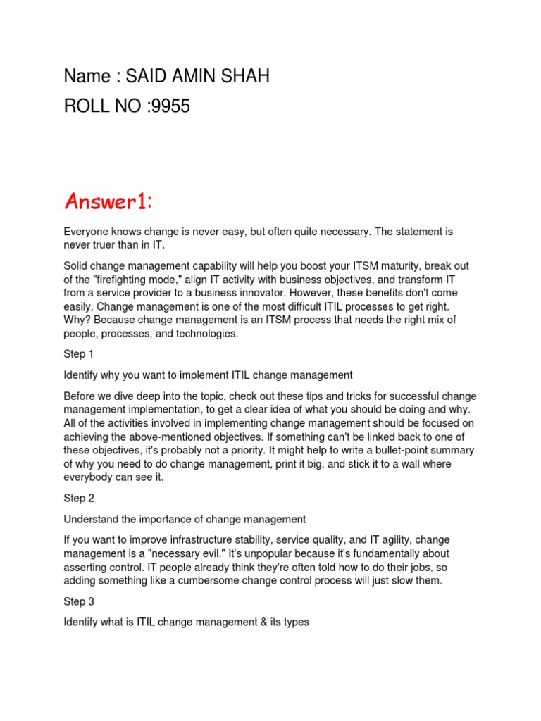 Answer1:: Name: Said Amin Shah ROLL NO:9955 | PDF | Change Management | Program Optimization