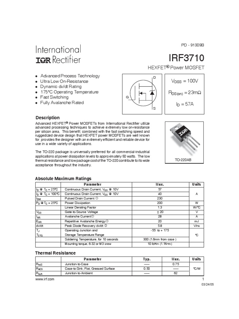 Irf3710 PDF | PDF | Mosfet | Field Effect Transistor