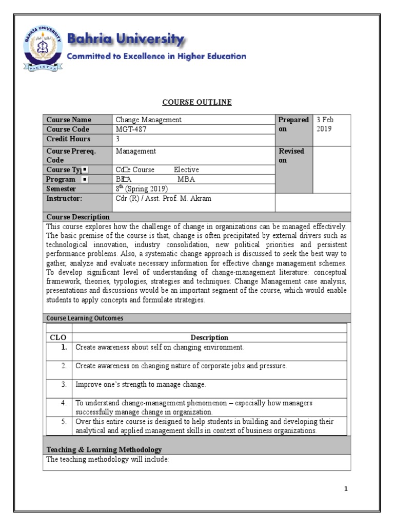 Course Outline Change Management BBA - 8 - Spring 2019 | PDF | Change ...