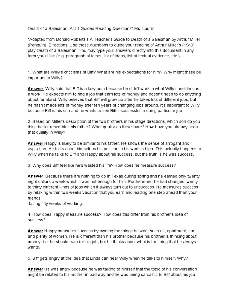 Death of A Salesman Guided Reading Questions | PDF