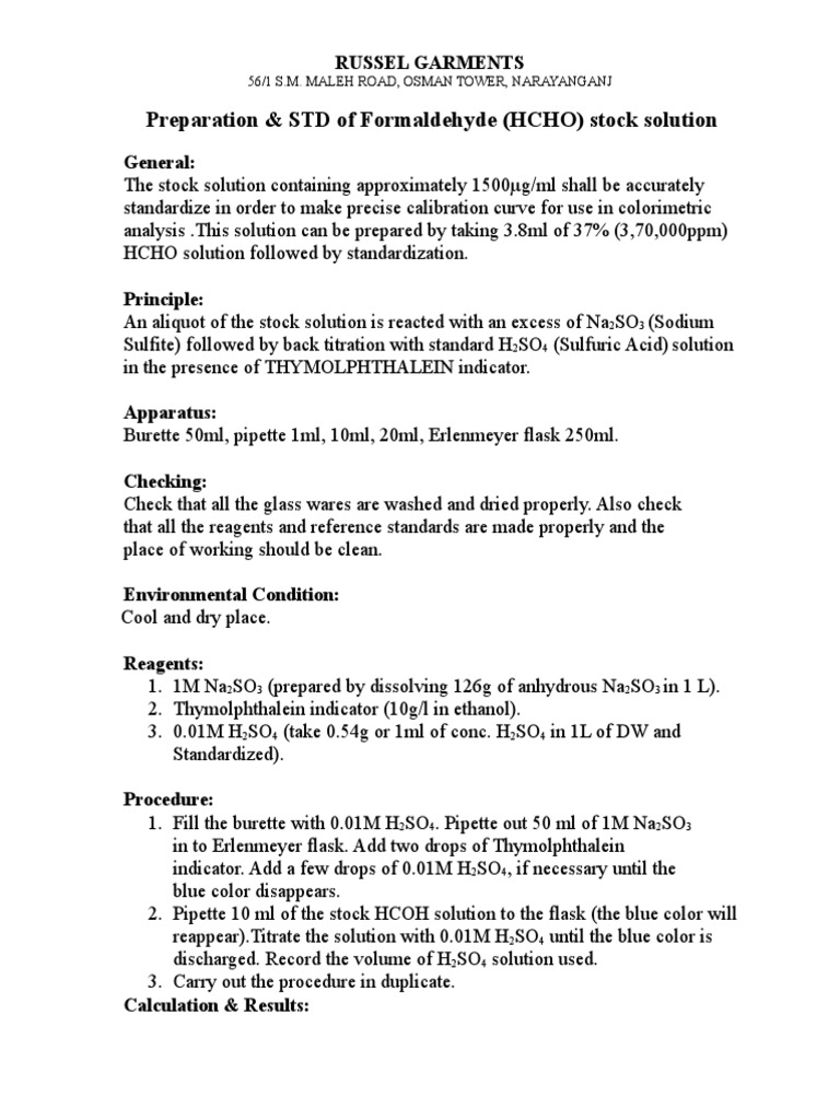Preparation & STD of Formaldehyde (HCHO) Stock Solution: Russel ...