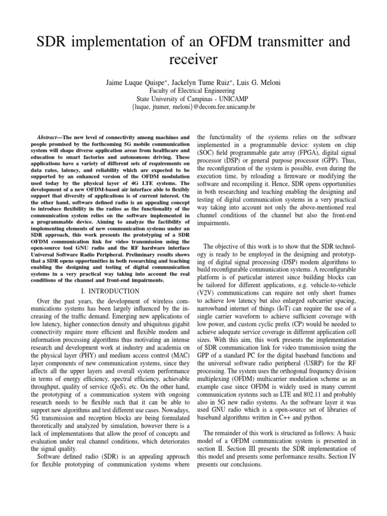 SDR Implementation of An OFDM Transmitter and Receiver: Jaime Luque Quispe, Jackelyn Tume Ruiz ...
