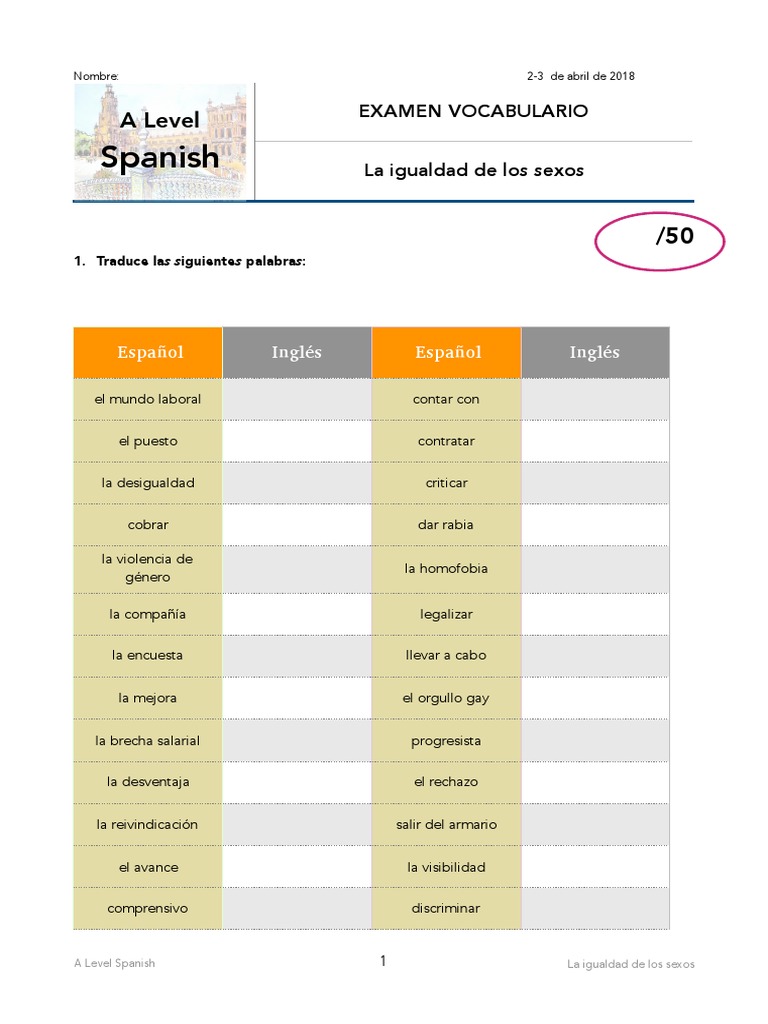 EXAMEN VOCABULARIO - La Igualdad de Los Sexos | PDF