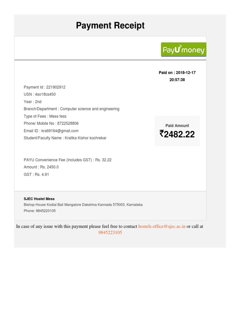 SJEC Mess Fee Payment Receipt | PDF