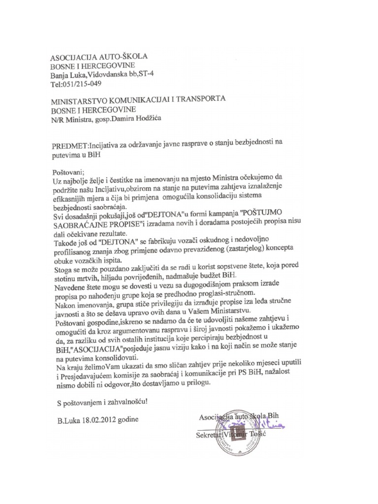 Dopis Ministarstvu Komunikacija I Transporta 2 | PDF