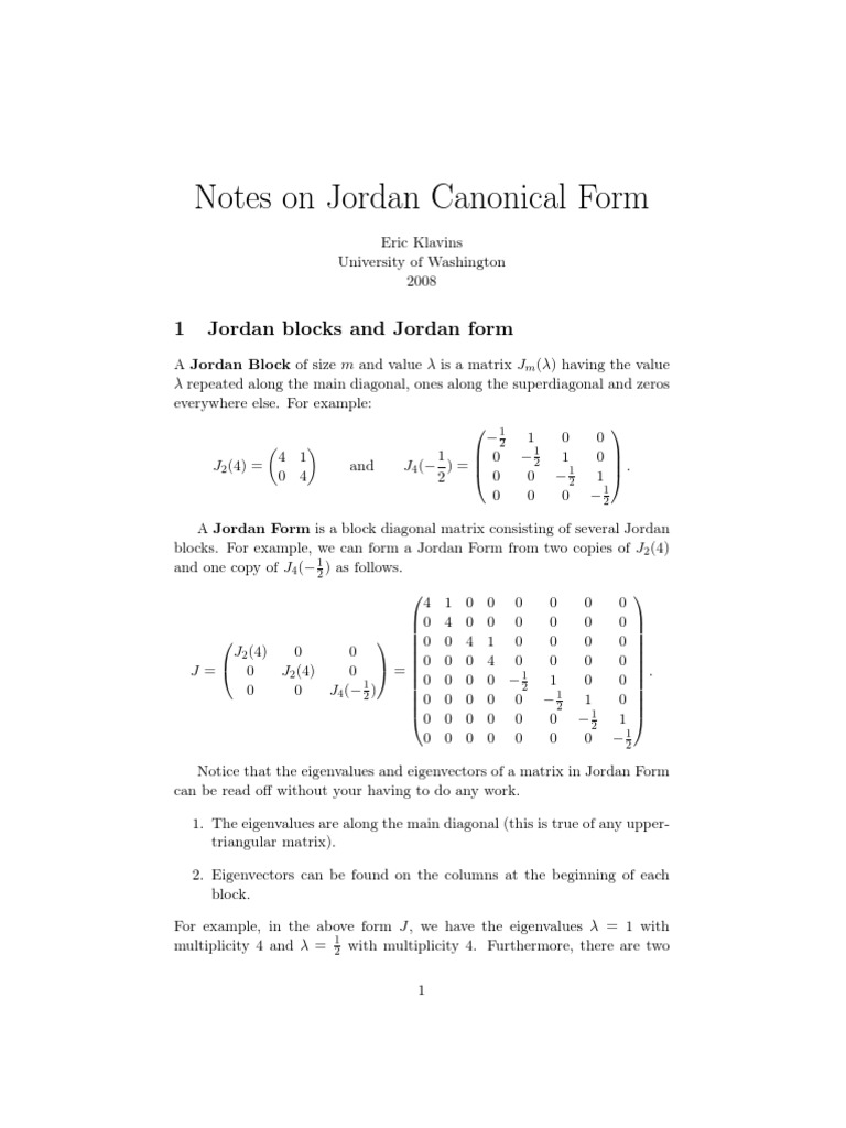 Notes On Jordan Canonical Form | PDF | Eigenvalues And Eigenvectors ...
