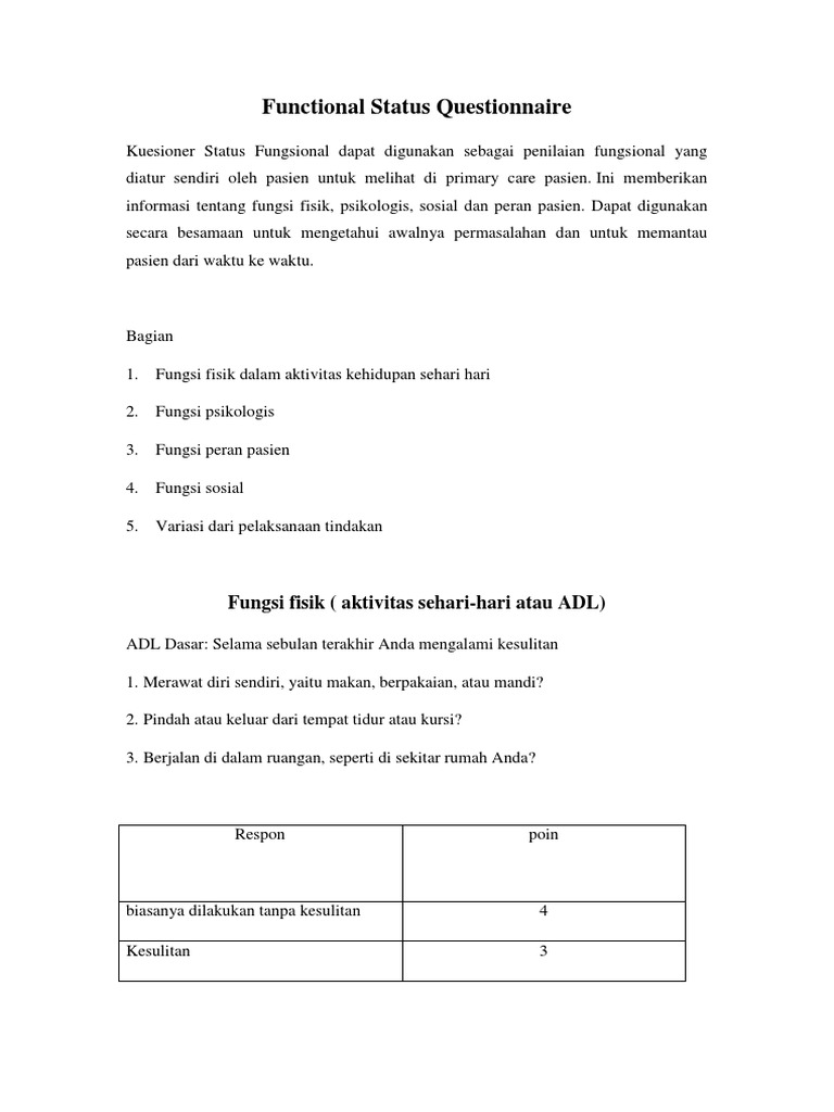 Functional Status Questionnaire Pdf