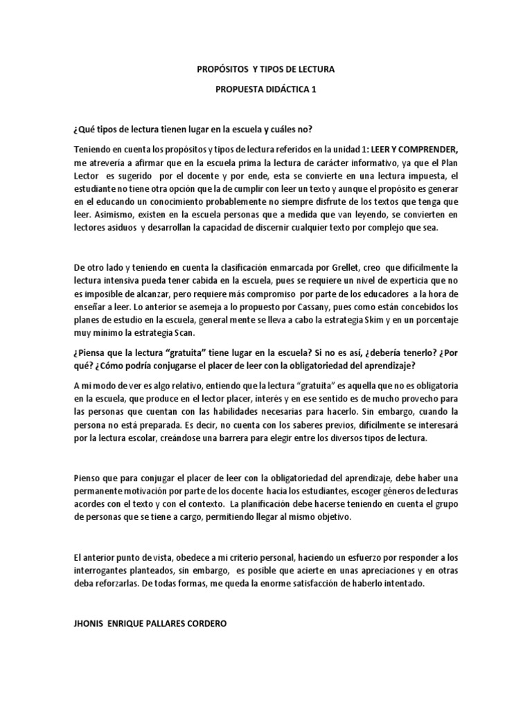 Propositos y Tipos de Lectura | PDF | Maestros | Aprendizaje