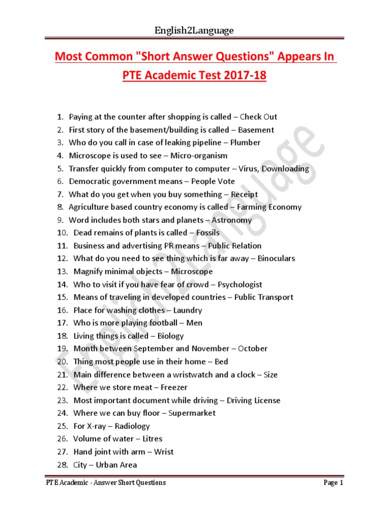 Pte Academic Short Answer Questions 2017 18 | PDF | Physical Fitness ...
