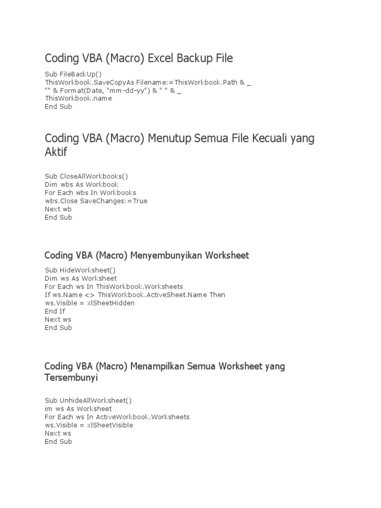 Coding Vba Macro Excel Backup File Pdf Visual Basic For