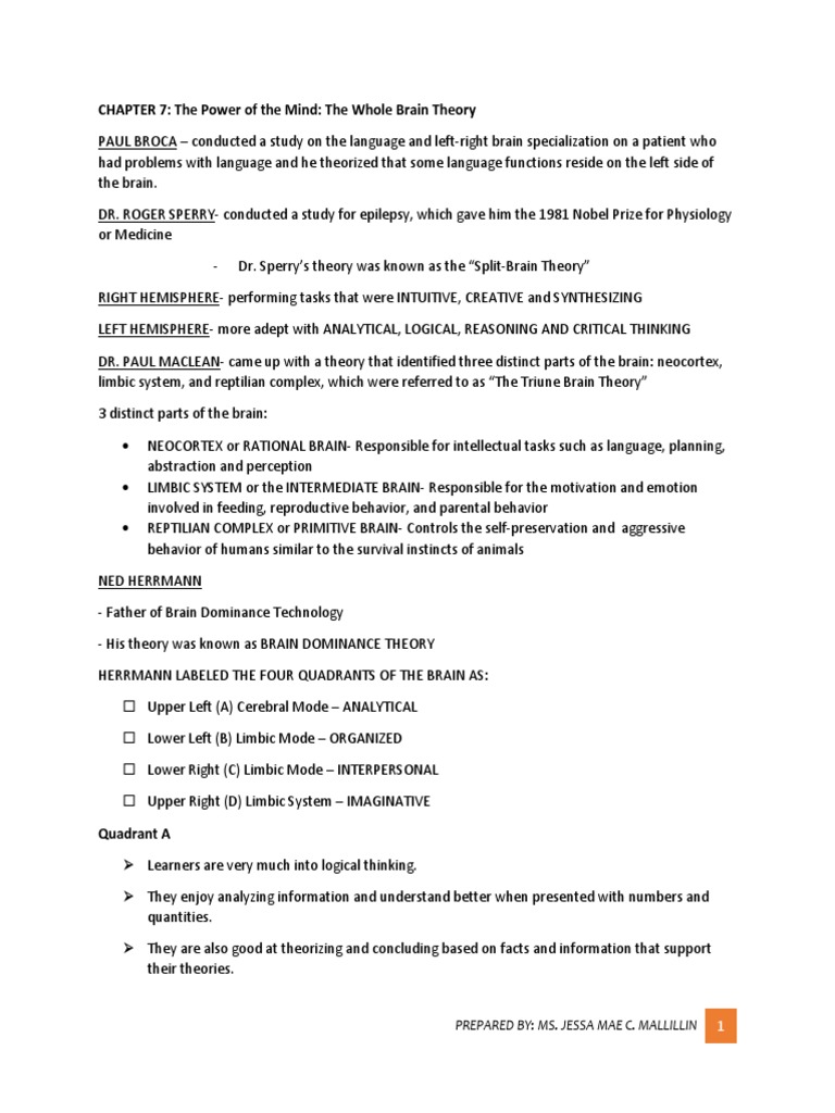 CHAPTER 7: The Power of The Mind: The Whole Brain Theory: Prepared By ...