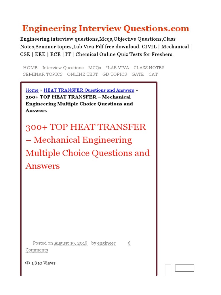 300+ Top Heat Transfer - Mechanical Engineering Multiple Choice ...