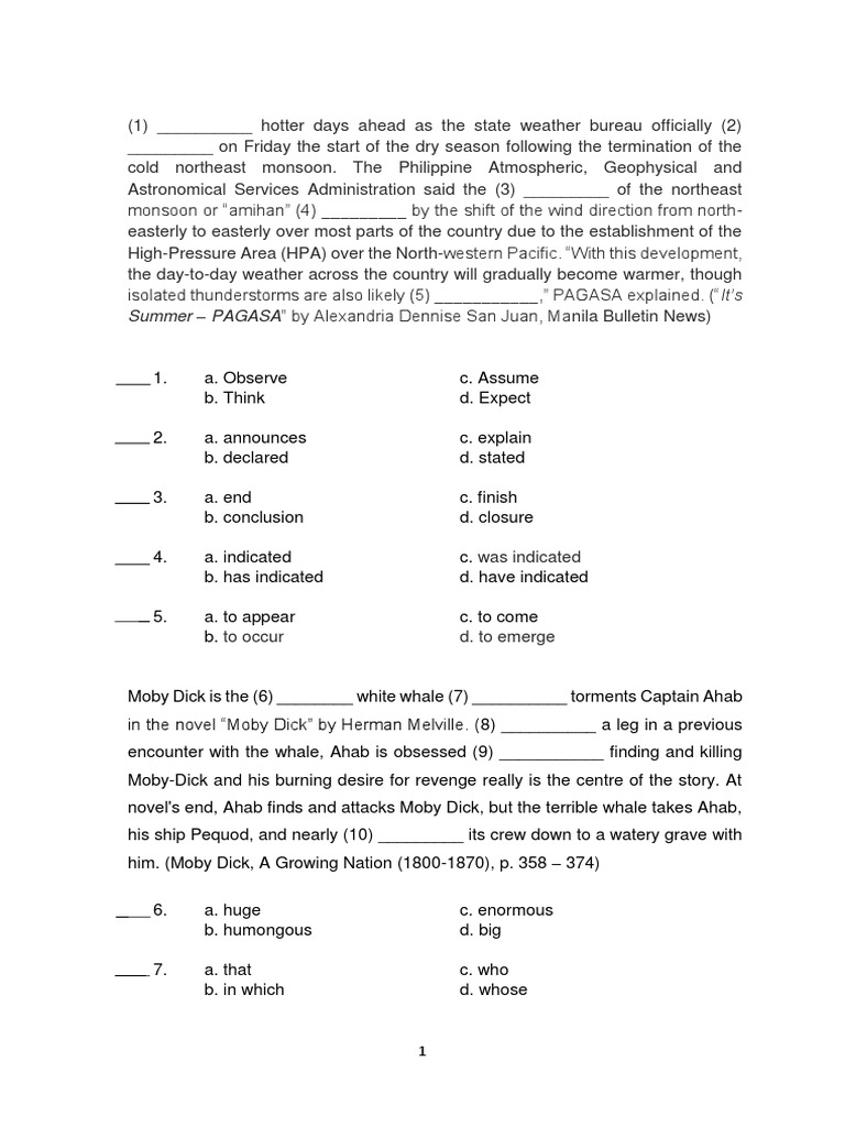 Passage Completion TST | PDF | Moby Dick | Captain Ahab