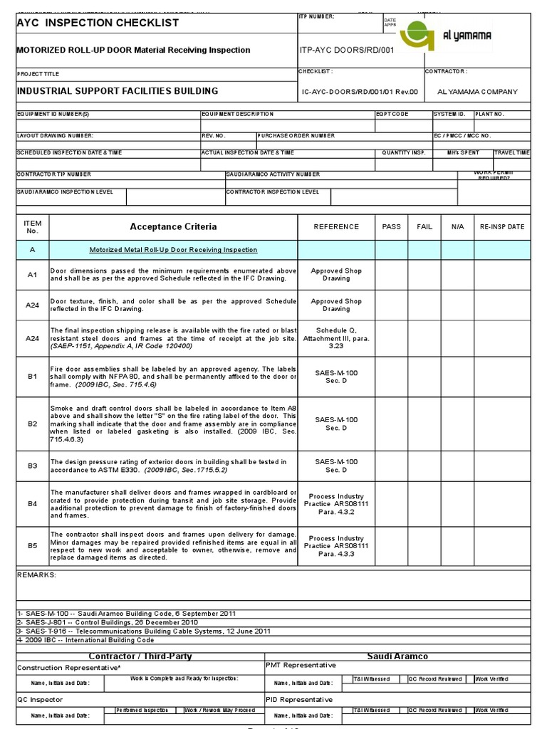 Motorized Roll-Up Door Material Receiving and Installation Inspection ...
