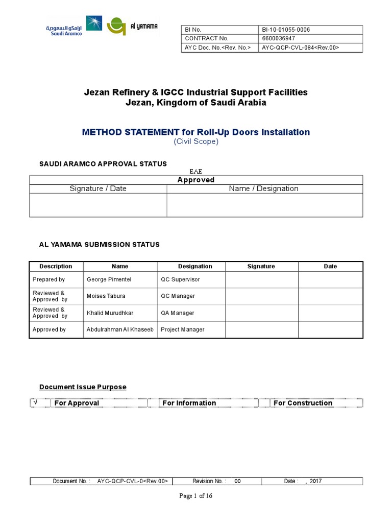 METHOD STATEMENT For Roll-Up Doors Installation | PDF | Safety ...