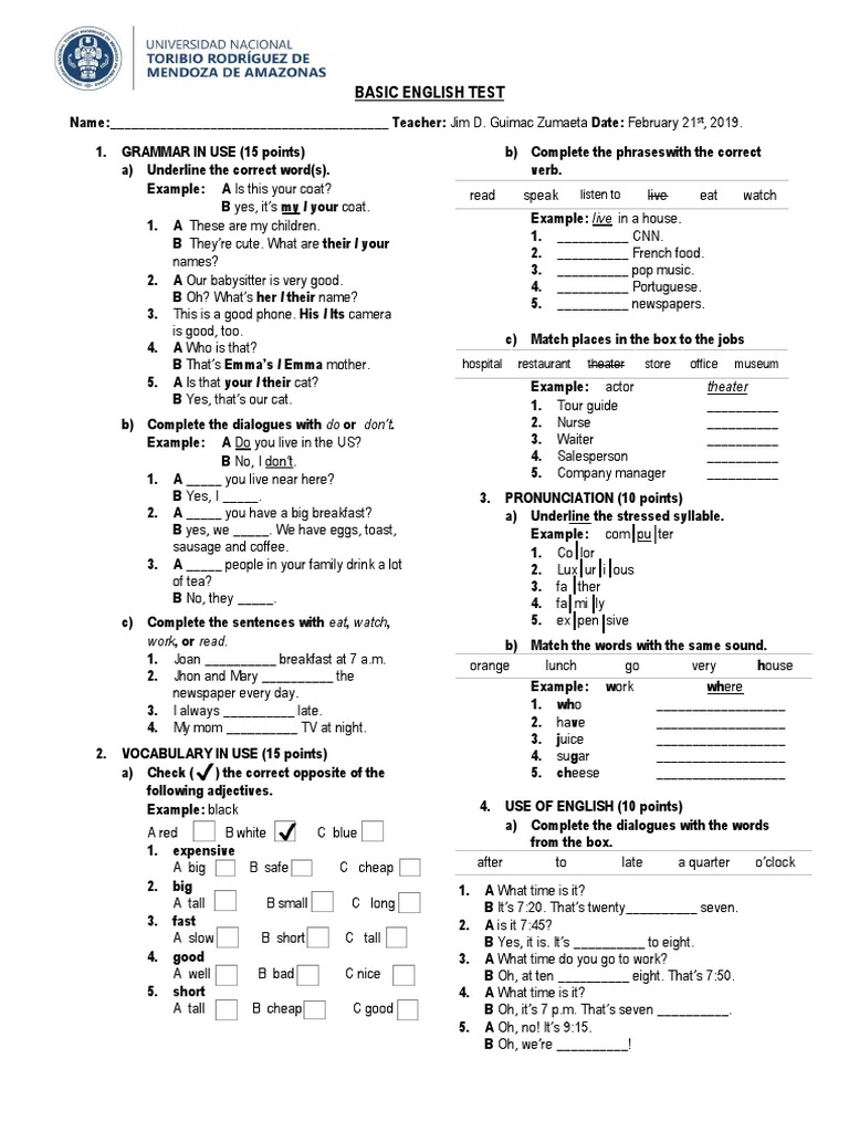 3rd Basic English Test | PDF | Linguistics