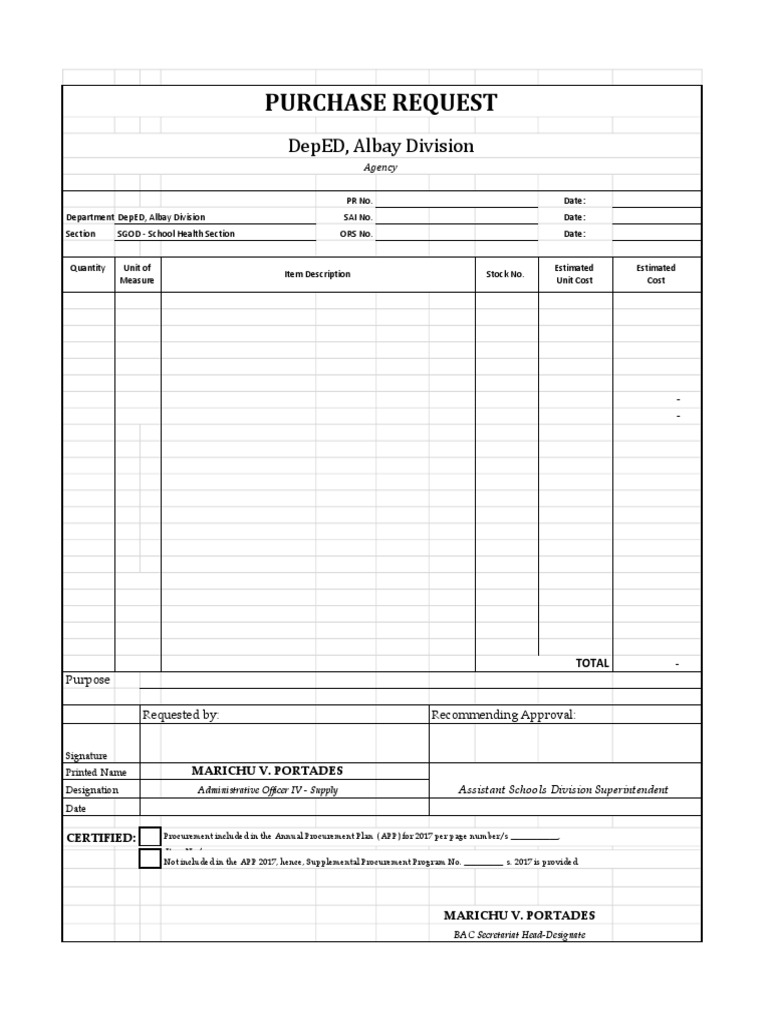 Purchase Request: Deped, Albay Division | PDF | Procurement | Business