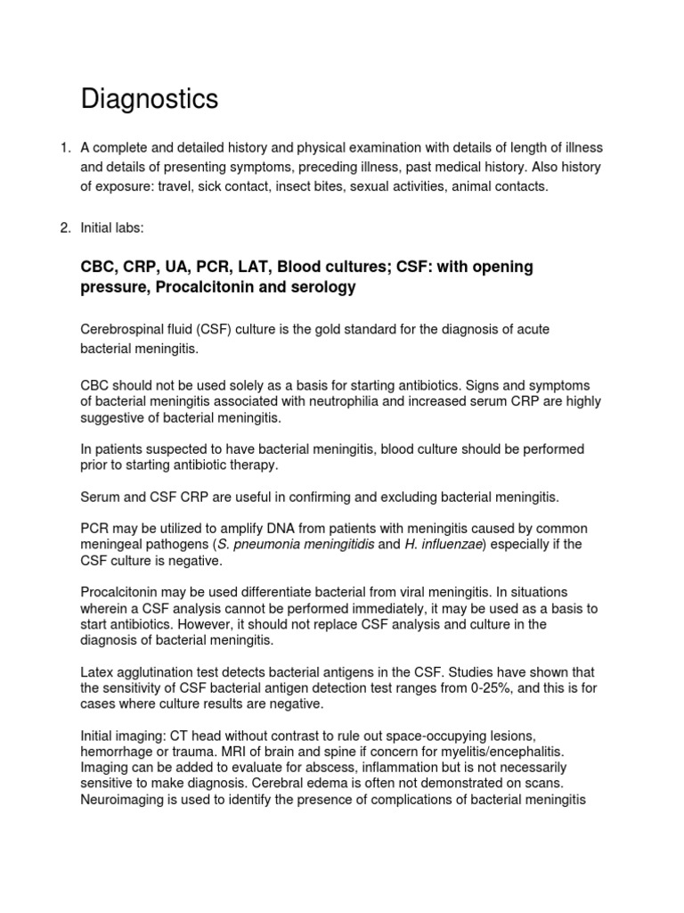Diagnostics: CBC, CRP, UA, PCR, LAT, Blood Cultures CSF: With Opening ...