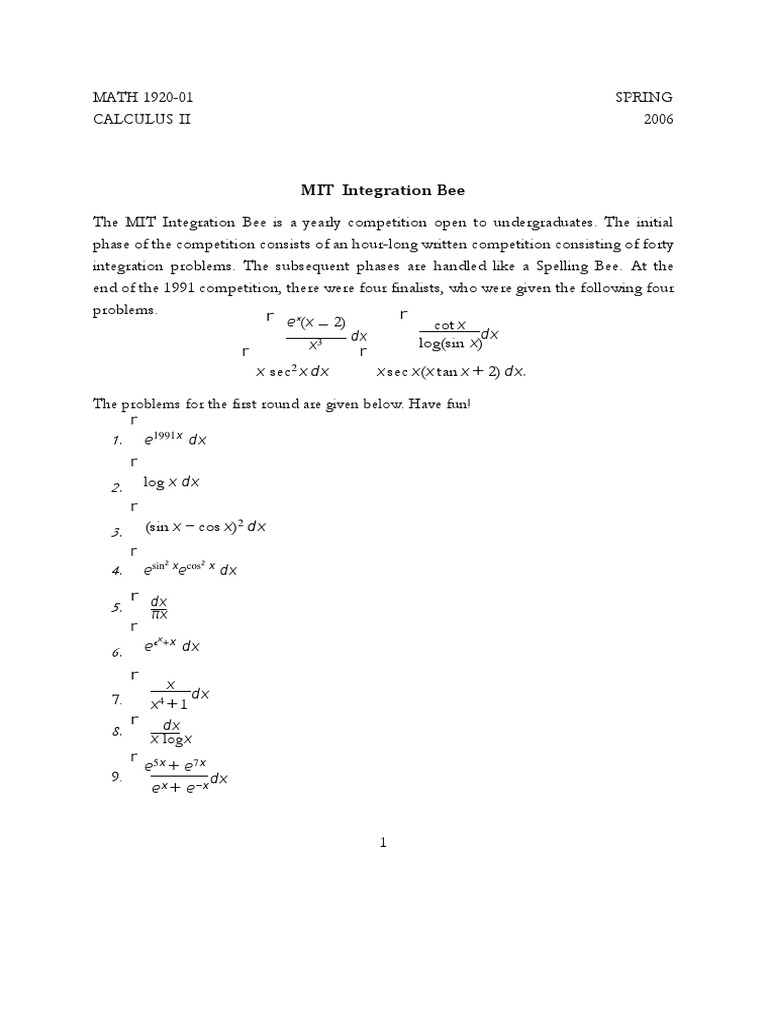MIT Integration Bee Problems 2006 | PDF | Hyperbolic Geometry ...