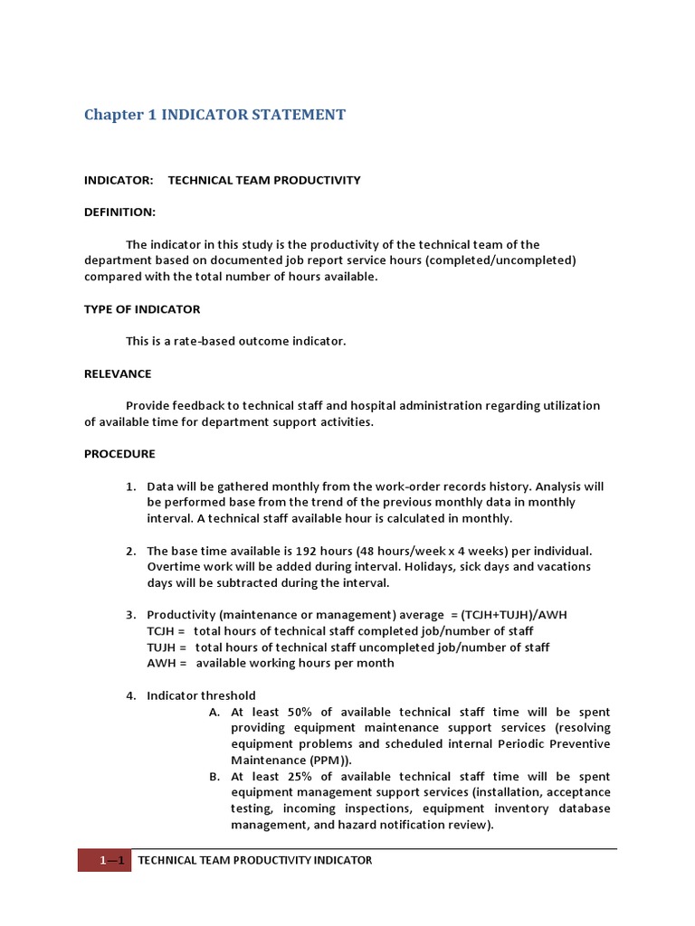 Chapter 1 Indicator Statement: Indicator: Technical Team Productivity ...