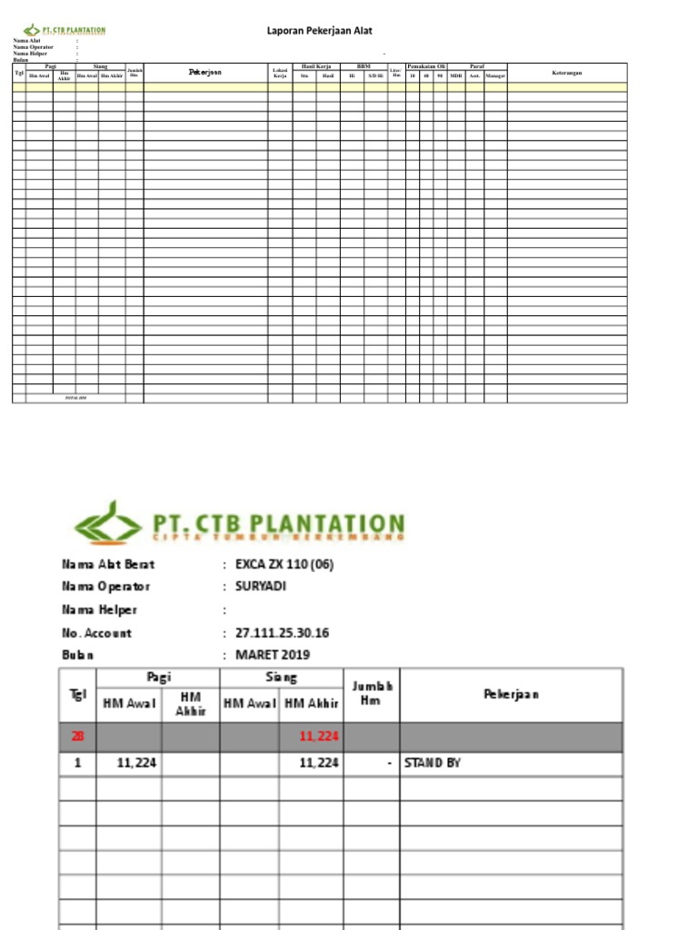 Contoh Log Card Alat Berat | PDF