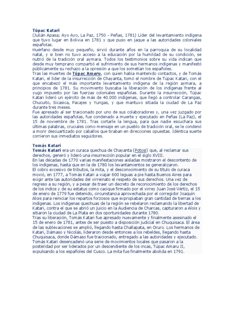 Túpac Katari | PDF | Colonización española de las Américas | America latina