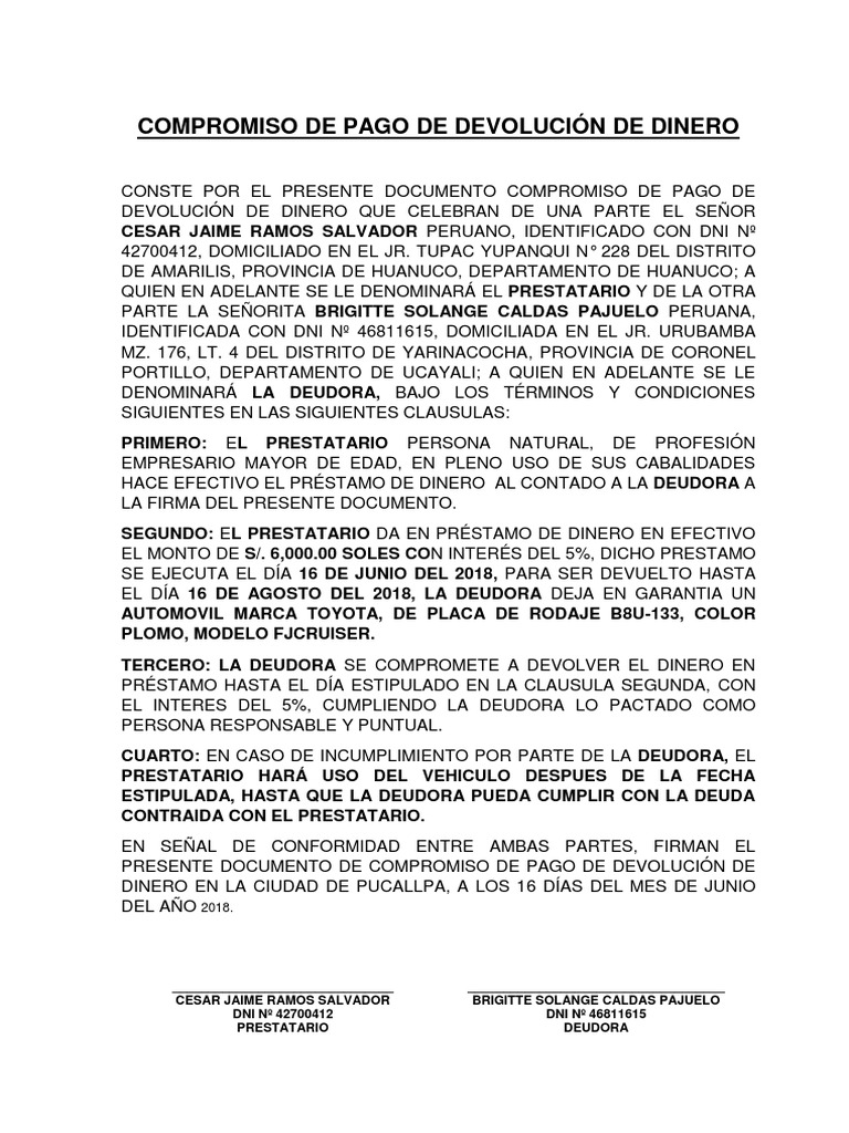 Compromiso de Pago de Devolución de Dinero | PDF