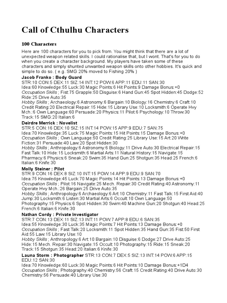 Call of Cthulhu Characters | PDF