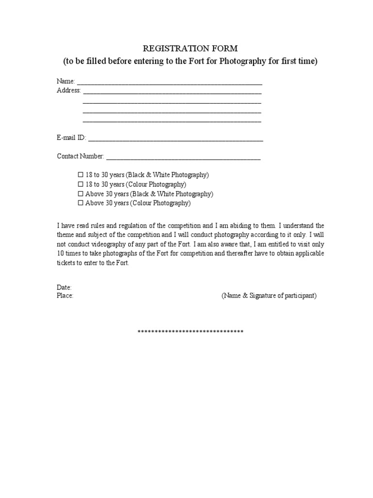 Registration Form (To Be Filled Before Entering To The Fort For ...