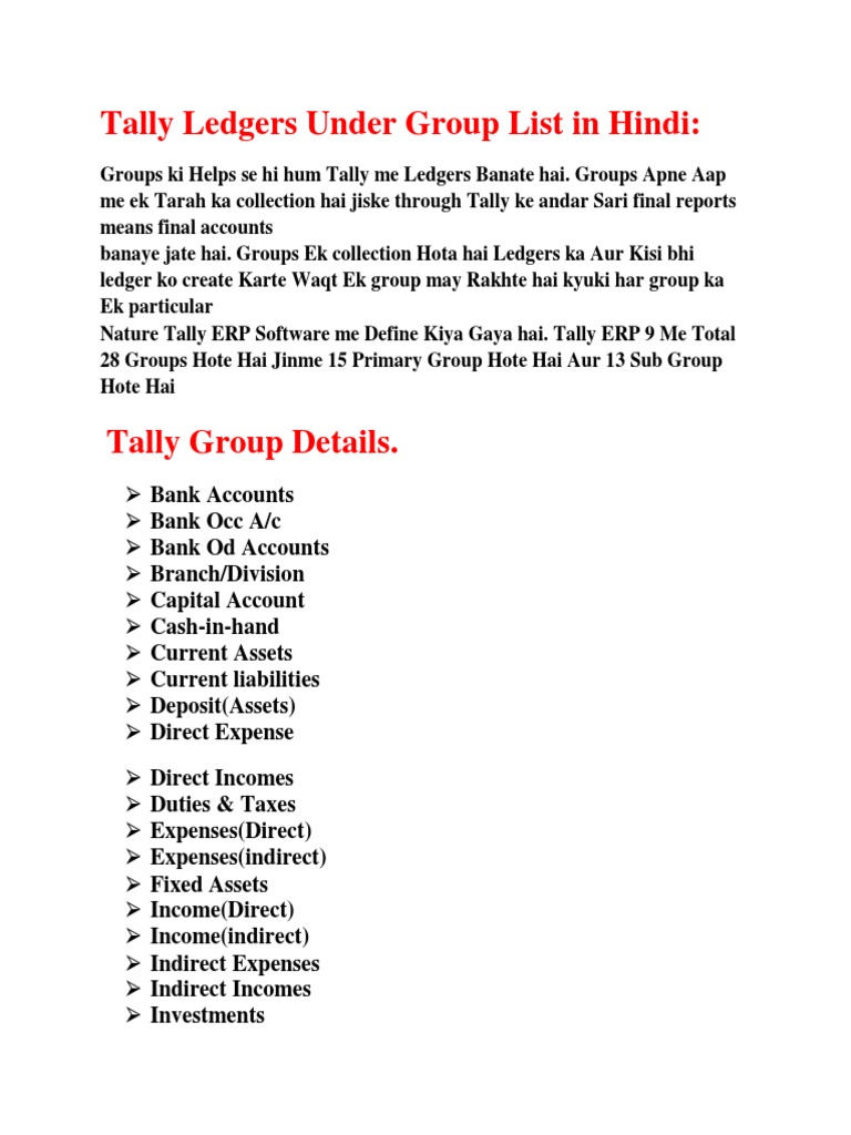 Tally Ledgers Under Group List in Hindi PDF | PDF | Banks | Loans