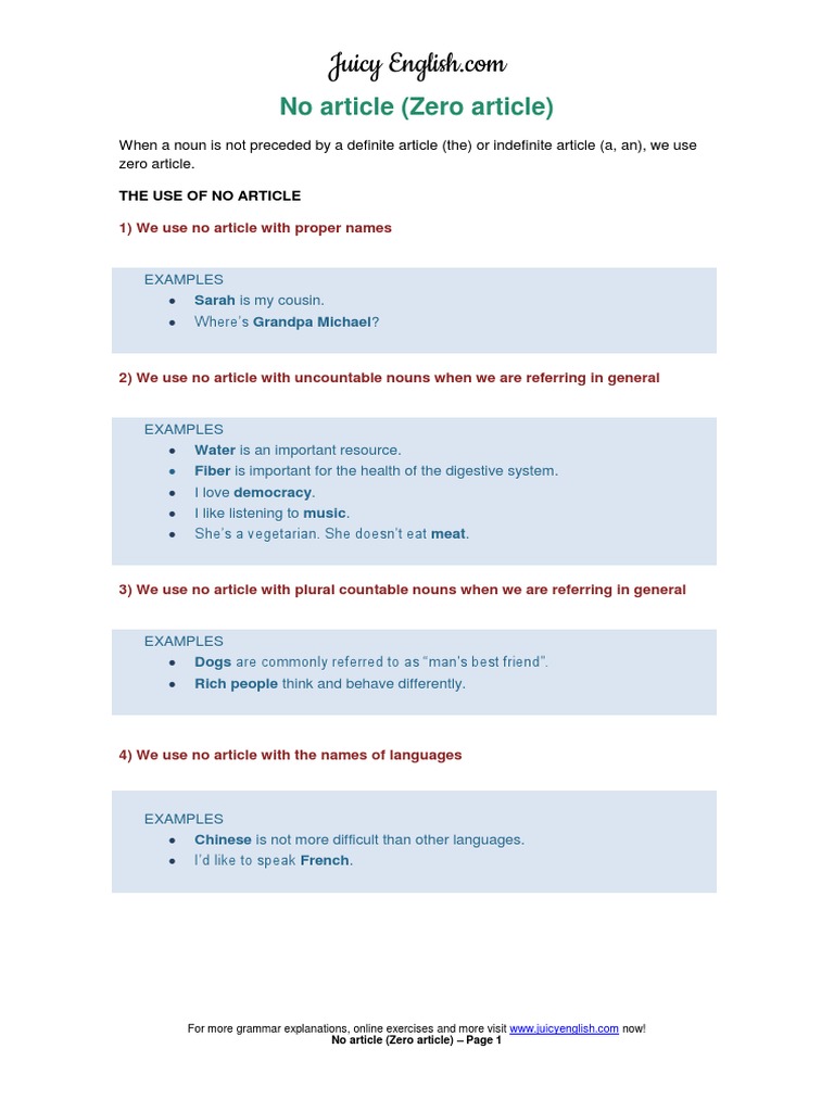 01 No Article Zero Article | PDF | Noun | Syntactic Relationships