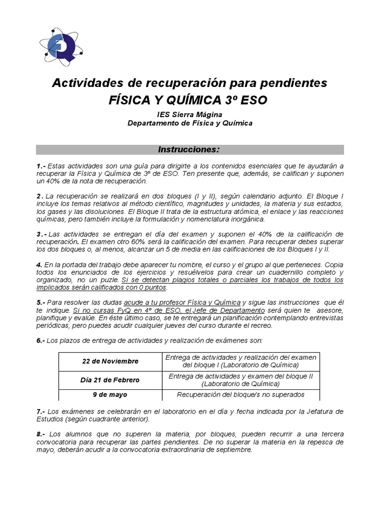 Actividades de Recuperación Física y Química 3º ESO | PDF | Enlace ...