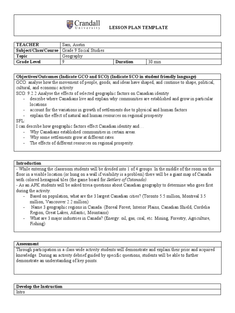 Social Lesson Plan | PDF | Canada | Classroom