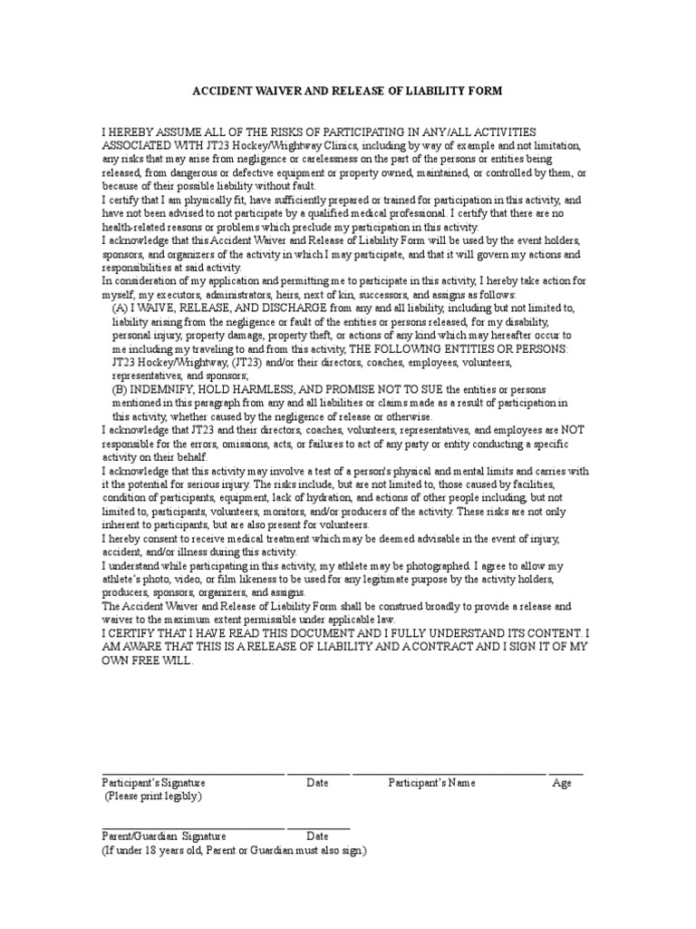 Accident Waiver and Release of Liability Form | PDF | Indemnity ...