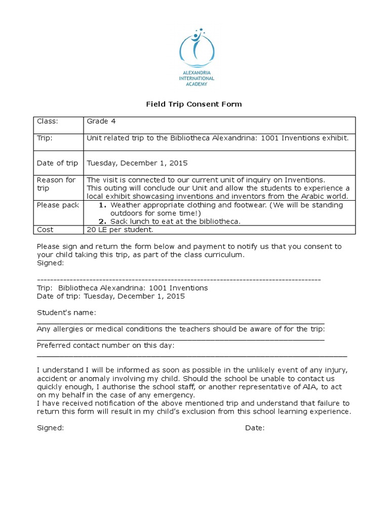 Field Trip Permission Slip | PDF | Behavior Modification | Learning