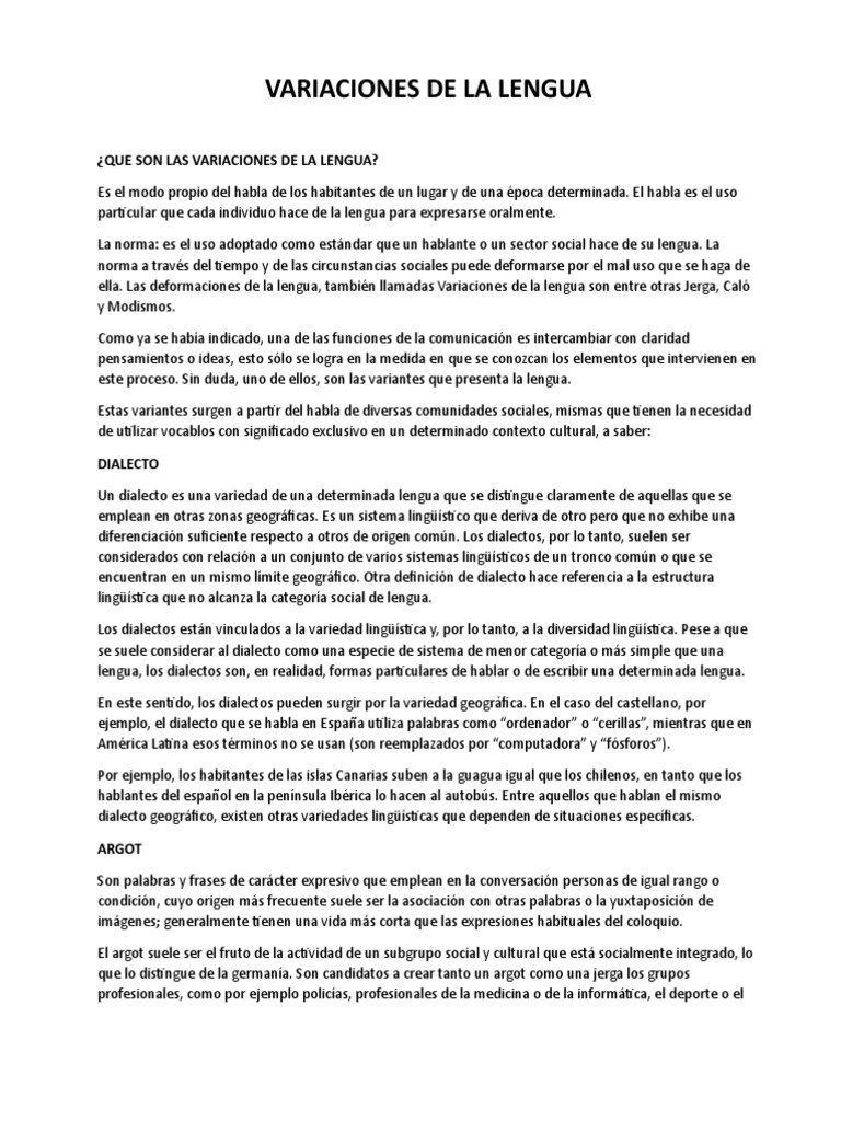 Variaciones de La Lengua Imprimir Aqui | PDF | Dialecto | Lingüística