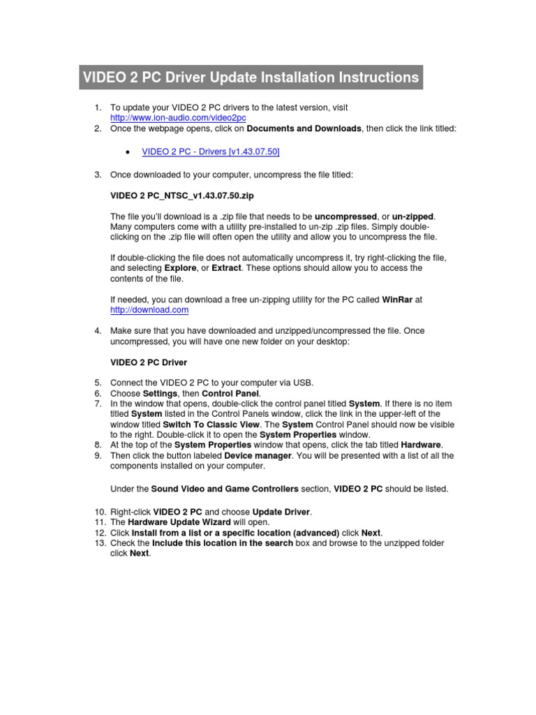 VIDEO 2 PC - Driver Installation Instructions PDF | PDF | Personal Computers | Device Driver
