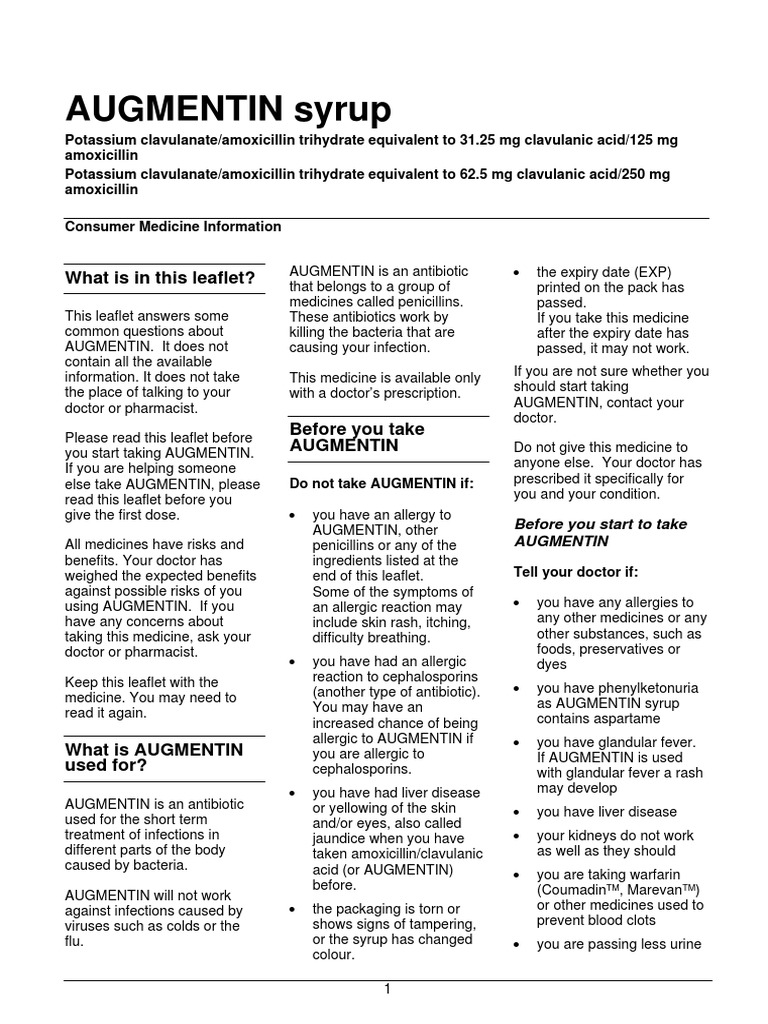 AUGMENTIN Syrup: What Is in This Leaflet? | PDF | Rtt | Medicine