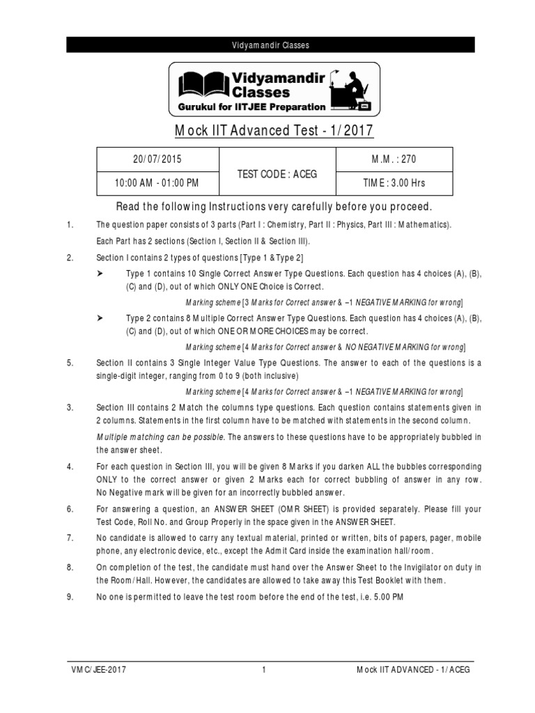 Mock IIT Advanced Test 2017 Guide | PDF | Gases | Velocity