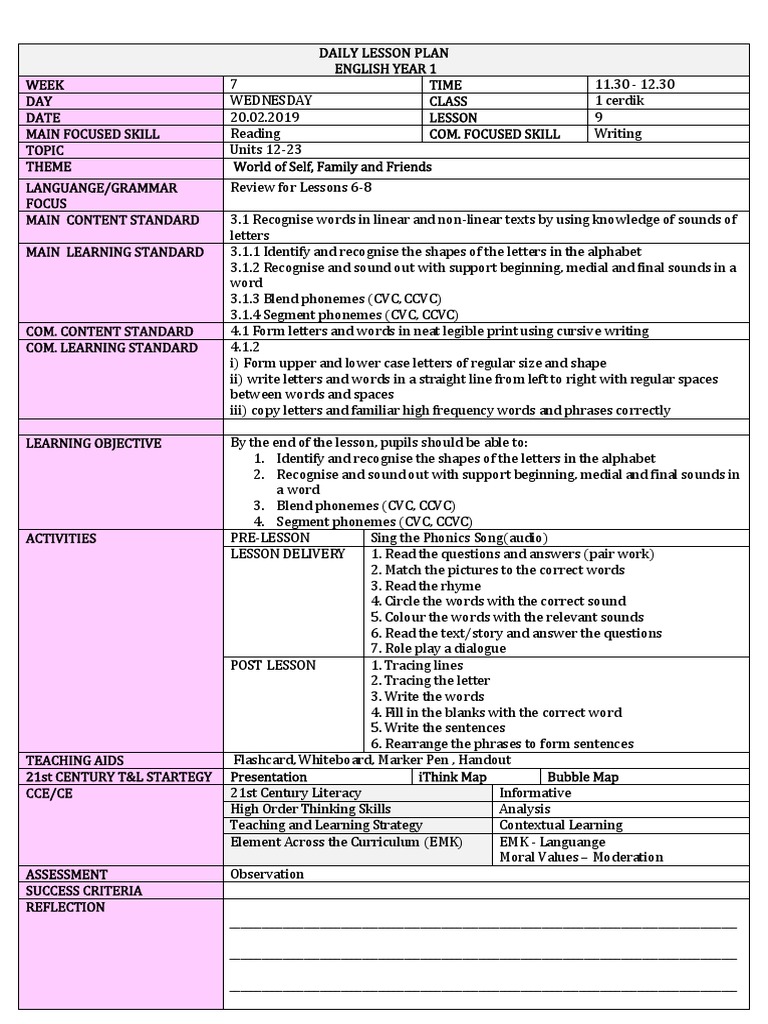 Daily Lesson Plan English Year 1 20-2-2019 | PDF | Phonics | Lesson Plan