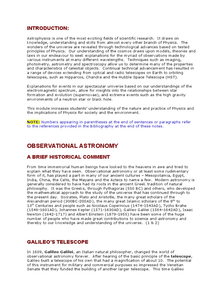 Observational Astronomy: To The References Provided in The Bibliography ...